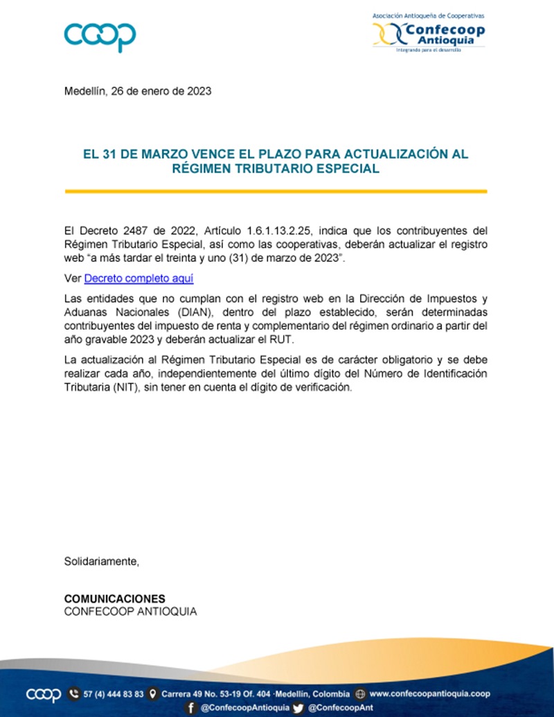 El 31 de marzo vence el plazo para actualización al Régimen Tributario Especial | Confecoop ...